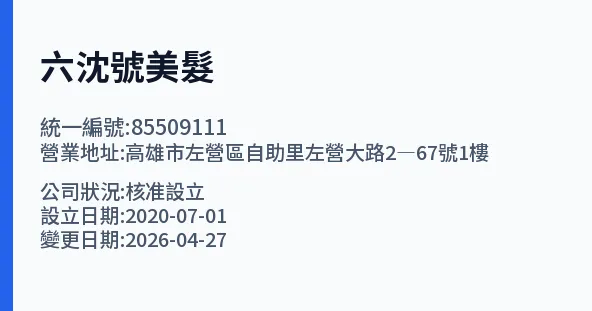 六沈號美髮的照片-統編 85509111(高雄市) 公司登記資料與營業項目詳細圖表