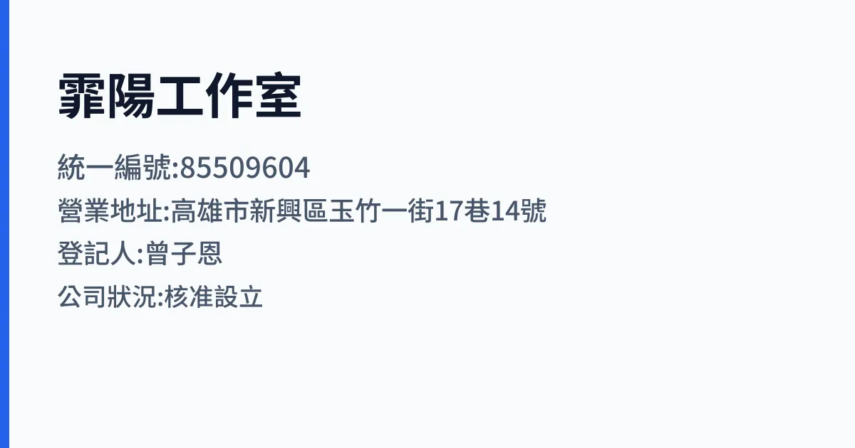 霏陽工作室 - 統編 85509604(高雄市) 公司登記資料與營業項目詳細圖表