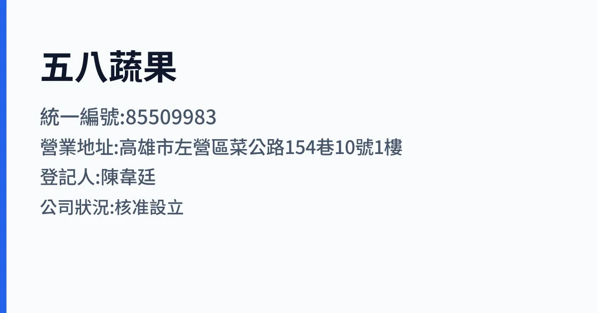 五八蔬果 - 統編 85509983(高雄市) 公司登記資料與營業項目詳細圖表