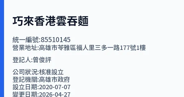 巧來香港雲吞麵的照片-統編 85510145(高雄市) 公司登記資料與營業項目詳細圖表