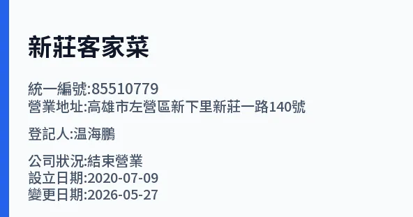 新莊客家菜的照片-統編 85510779(高雄市) 公司登記資料與營業項目詳細圖表