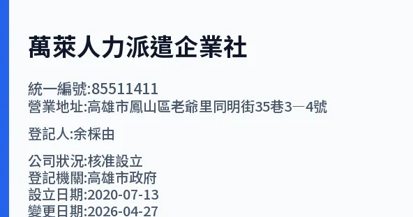 萬萊人力派遣企業社的照片-統編 85511411(高雄市) 公司登記資料與營業項目詳細圖表