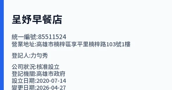 呈妤早餐店的照片-統編 85511524(高雄市) 公司登記資料與營業項目詳細圖表