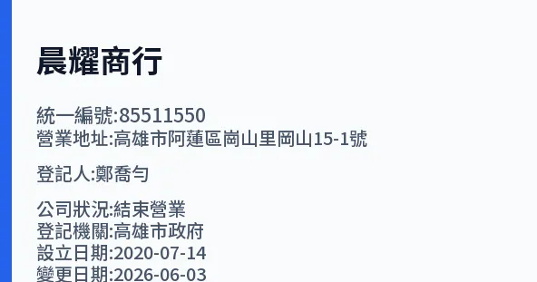 晨耀商行的照片-統編 85511550(高雄市) 公司登記資料與營業項目詳細圖表