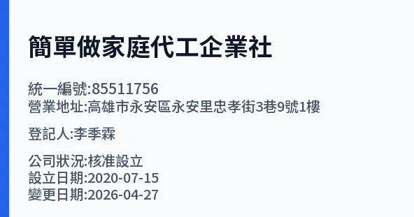 簡單做家庭代工企業社的照片-統編 85511756(高雄市) 公司登記資料與營業項目詳細圖表