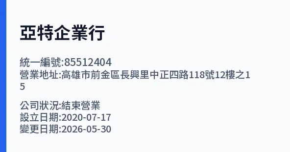 亞特企業行的照片-統編 85512404(高雄市) 公司登記資料與營業項目詳細圖表