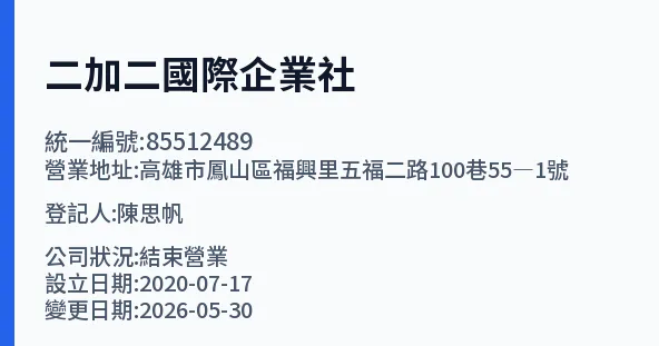 二加二國際企業社的照片-統編 85512489(高雄市) 公司登記資料與營業項目詳細圖表