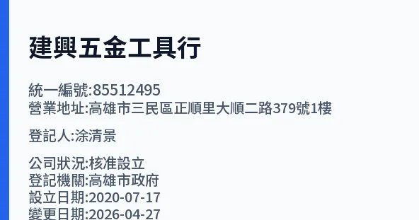 建興五金工具行的照片-統編 85512495(高雄市) 公司登記資料與營業項目詳細圖表