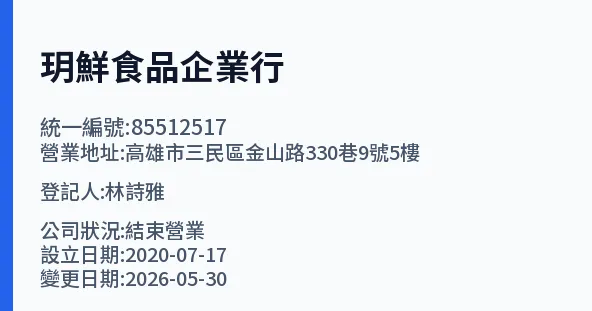玥鮮食品企業行的照片-統編 85512517(高雄市) 公司登記資料與營業項目詳細圖表