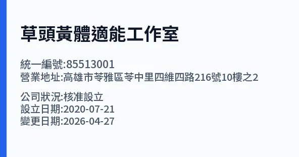 草頭黃體適能工作室的照片-統編 85513001(高雄市) 公司登記資料與營業項目詳細圖表