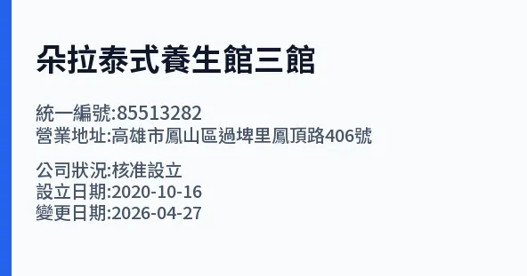 朵拉泰式養生館三館的照片-統編 85513282(高雄市) 公司登記資料與營業項目詳細圖表
