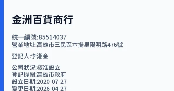 金洲百貨商行的照片-統編 85514037(高雄市) 公司登記資料與營業項目詳細圖表