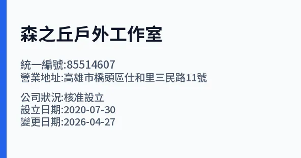森之丘戶外工作室的照片-統編 85514607(高雄市) 公司登記資料與營業項目詳細圖表