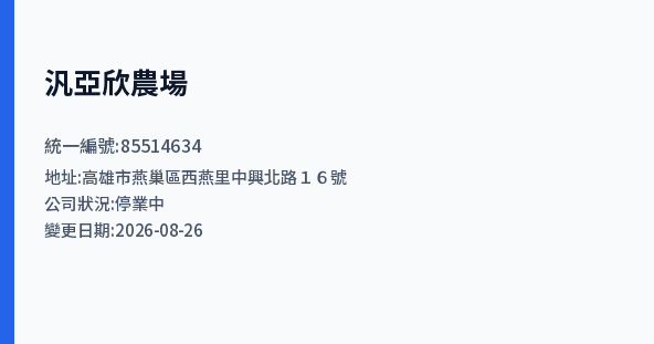 汎亞欣農場的照片-統編 85514634(高雄市) 公司登記資料與營業項目詳細圖表