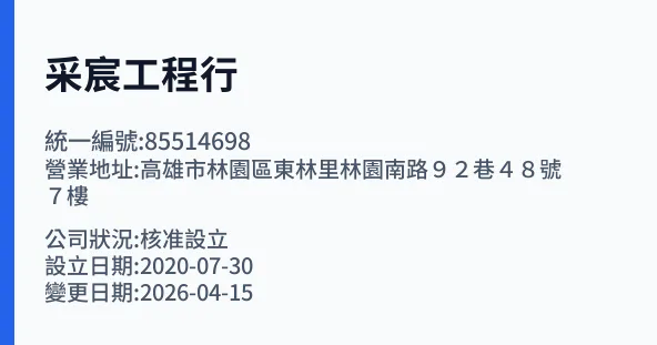 采宸工程行的照片-統編 85514698(高雄市) 公司登記資料與營業項目詳細圖表