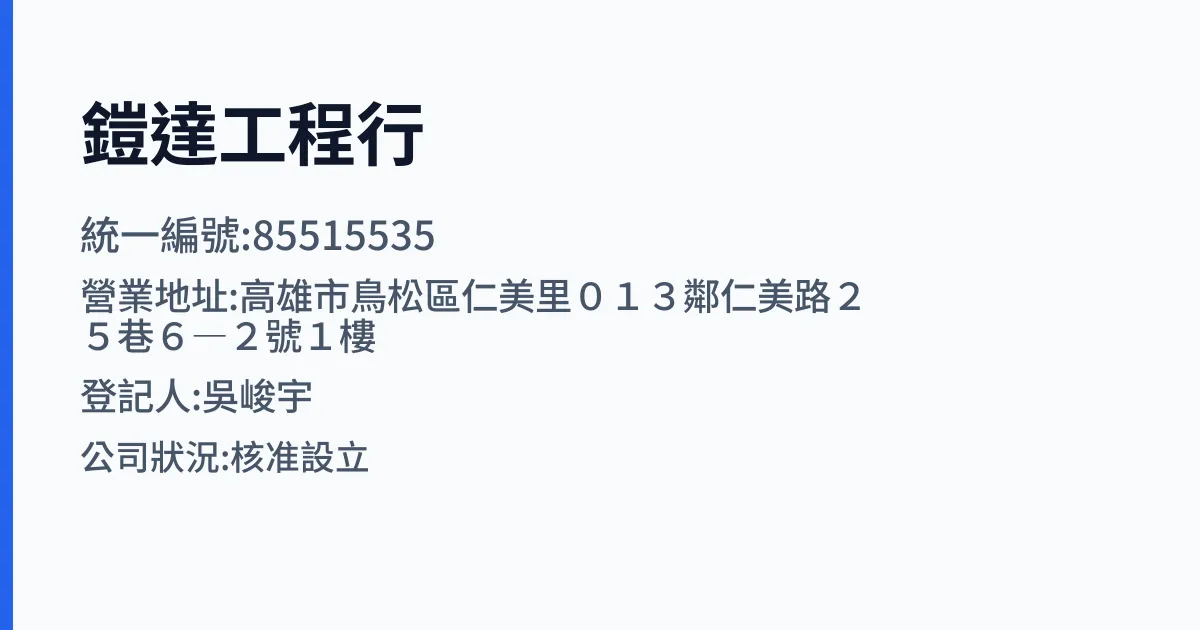 鎧達工程行 - 統編 85515535(高雄市) 公司登記資料與營業項目詳細圖表