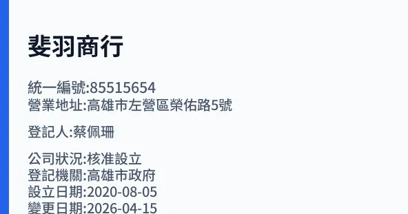 斐羽商行的照片-統編 85515654(高雄市) 公司登記資料與營業項目詳細圖表
