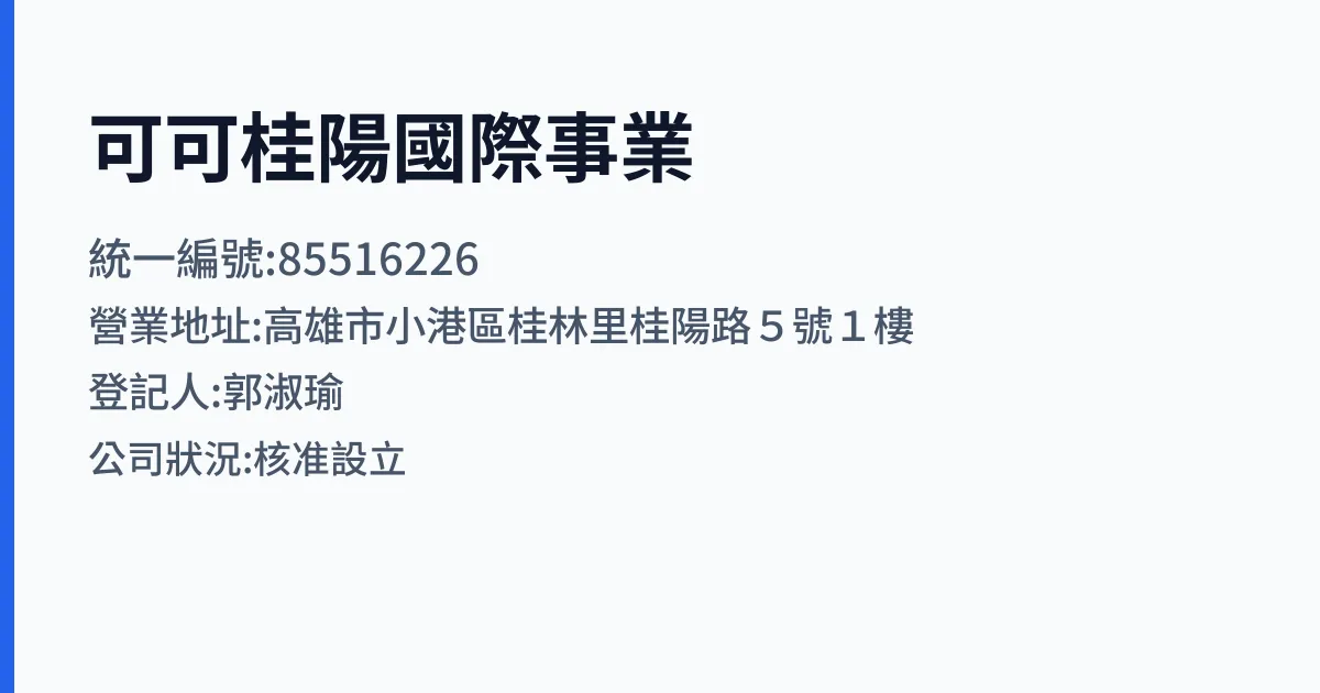 可可桂陽國際事業 - 統編 85516226(高雄市) 公司登記資料與營業項目詳細圖表