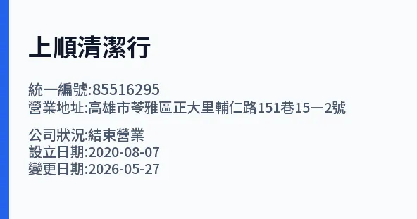 上順清潔行的照片-統編 85516295(高雄市) 公司登記資料與營業項目詳細圖表