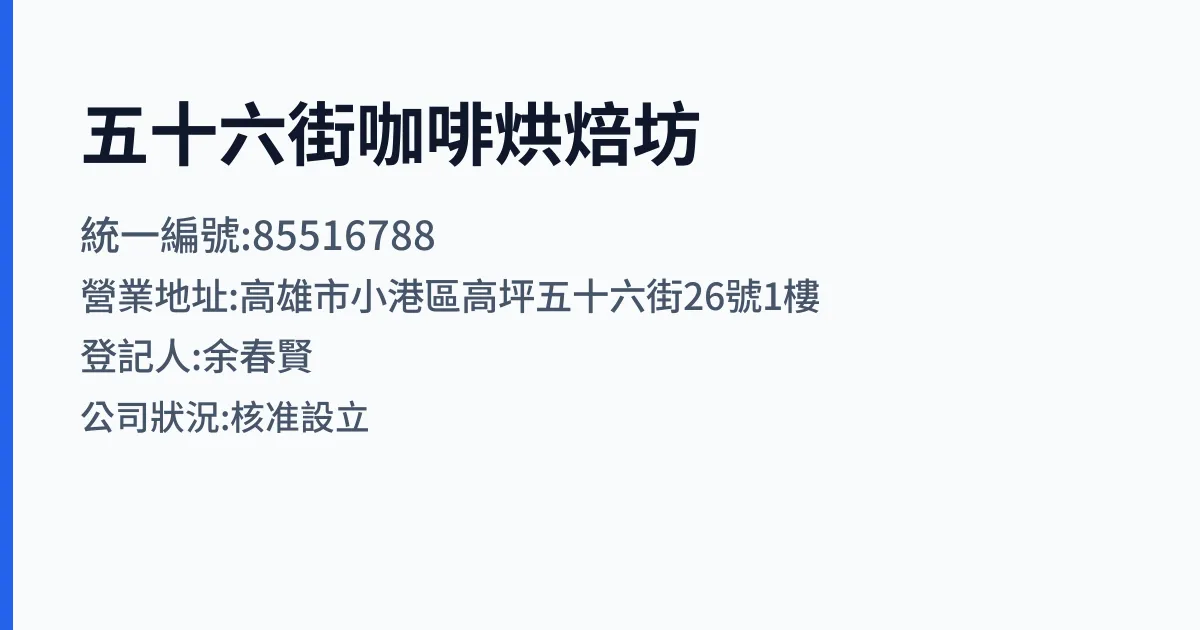 五十六街咖啡烘焙坊 - 統編 85516788(高雄市) 公司登記資料與營業項目詳細圖表