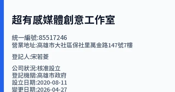 超有感媒體創意工作室的照片-統編 85517246(高雄市) 公司登記資料與營業項目詳細圖表