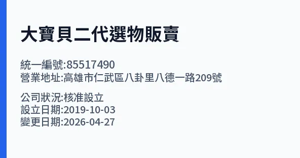 大寶貝二代選物販賣的照片-統編 85517490(高雄市) 公司登記資料與營業項目詳細圖表