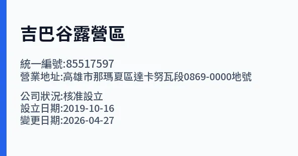 吉巴谷露營區的照片-統編 85517597(高雄市) 公司登記資料與營業項目詳細圖表