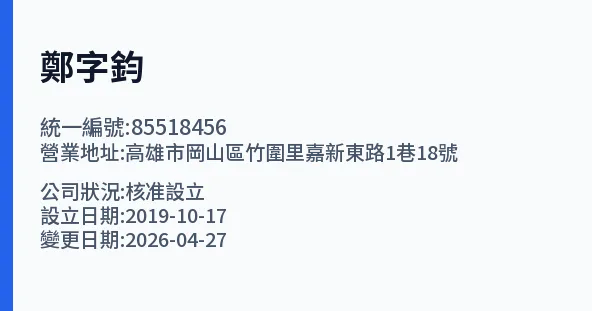 鄭字鈞的照片-統編 85518456(高雄市) 公司登記資料與營業項目詳細圖表