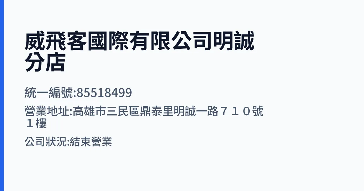威飛客國際有限公司明誠分店 - 統編 85518499（高雄市） 公司登記資料與營業項目詳細圖表
