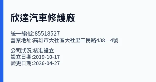 欣達汽車修護廠的照片-統編 85518527(高雄市) 公司登記資料與營業項目詳細圖表