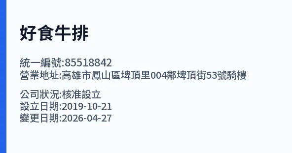 好食牛排的照片-統編 85518842(高雄市) 公司登記資料與營業項目詳細圖表