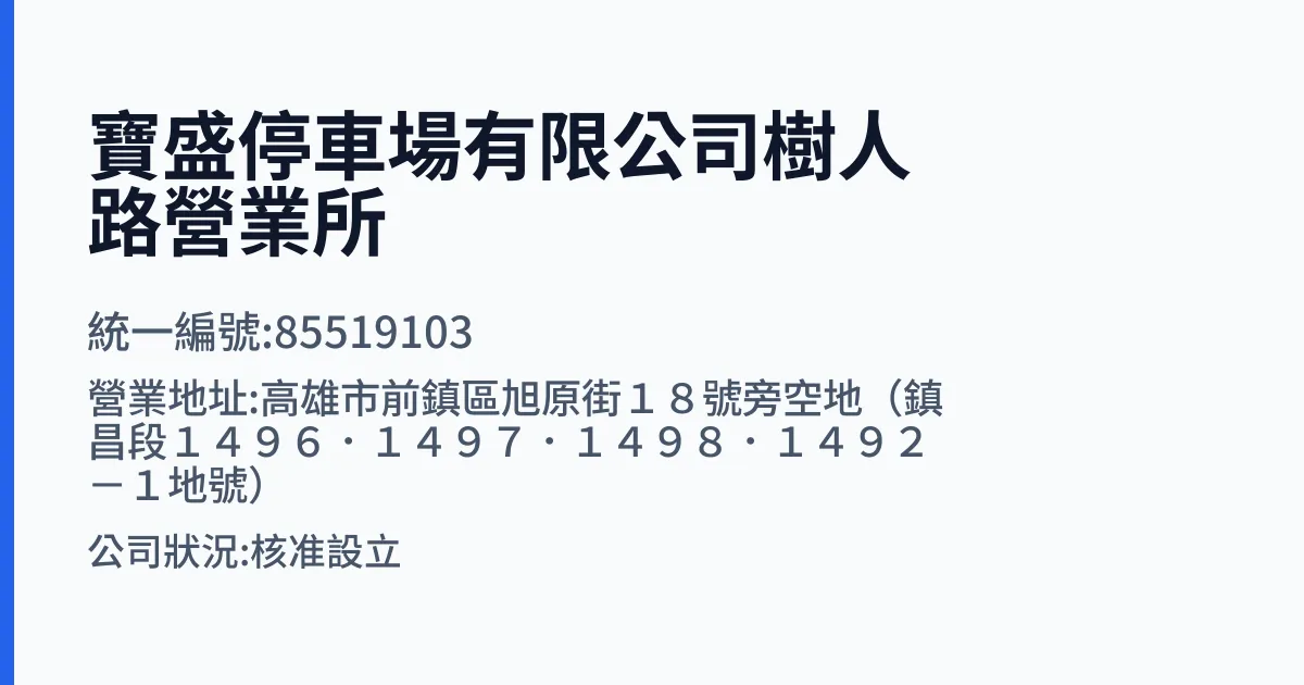 寶盛停車場有限公司樹人路營業所 - 統編 85519103(高雄市) 公司登記資料與營業項目詳細圖表
