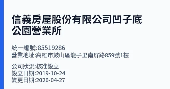 信義房屋股份有限公司凹子底公園營業所的照片-統編 85519286(高雄市) 公司登記資料與營業項目詳細圖表