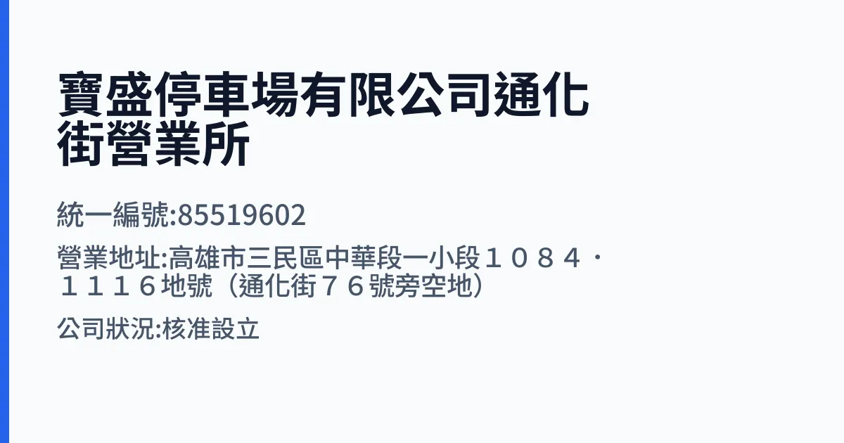 寶盛停車場有限公司通化街營業所 - 統編 85519602(高雄市) 公司登記資料與營業項目詳細圖表