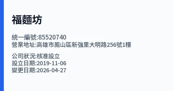 福麵坊的照片-統編 85520740(高雄市) 公司登記資料與營業項目詳細圖表
