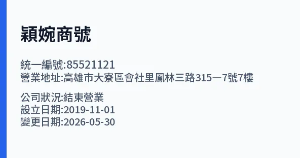 穎婉商號的照片-統編 85521121(高雄市) 公司登記資料與營業項目詳細圖表