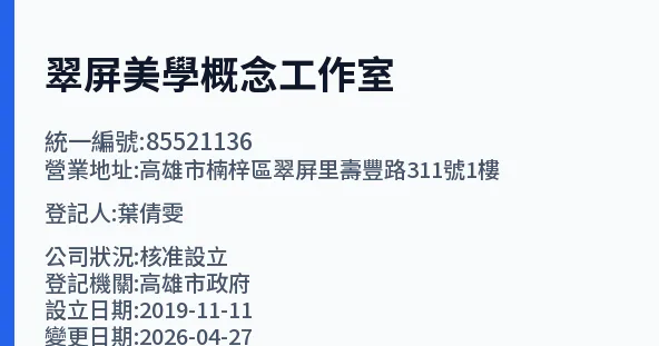 翠屏美學概念工作室的照片-統編 85521136(高雄市) 公司登記資料與營業項目詳細圖表