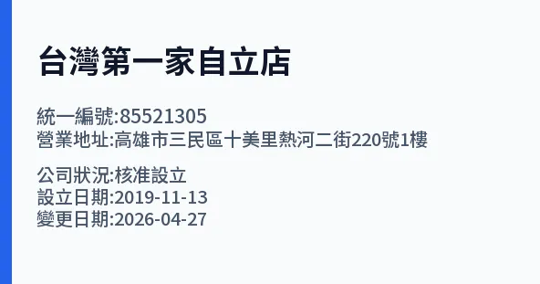 台灣第一家自立店的照片-統編 85521305(高雄市) 公司登記資料與營業項目詳細圖表