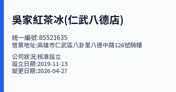 吳家紅茶冰(仁武八德店)的照片-統編 85521635(高雄市) 公司登記資料與營業項目詳細圖表