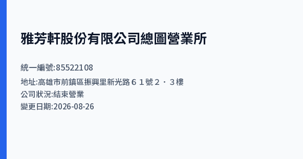 雅芳軒股份有限公司總圖營業所的照片-統編 85522108(高雄市) 公司登記資料與營業項目詳細圖表