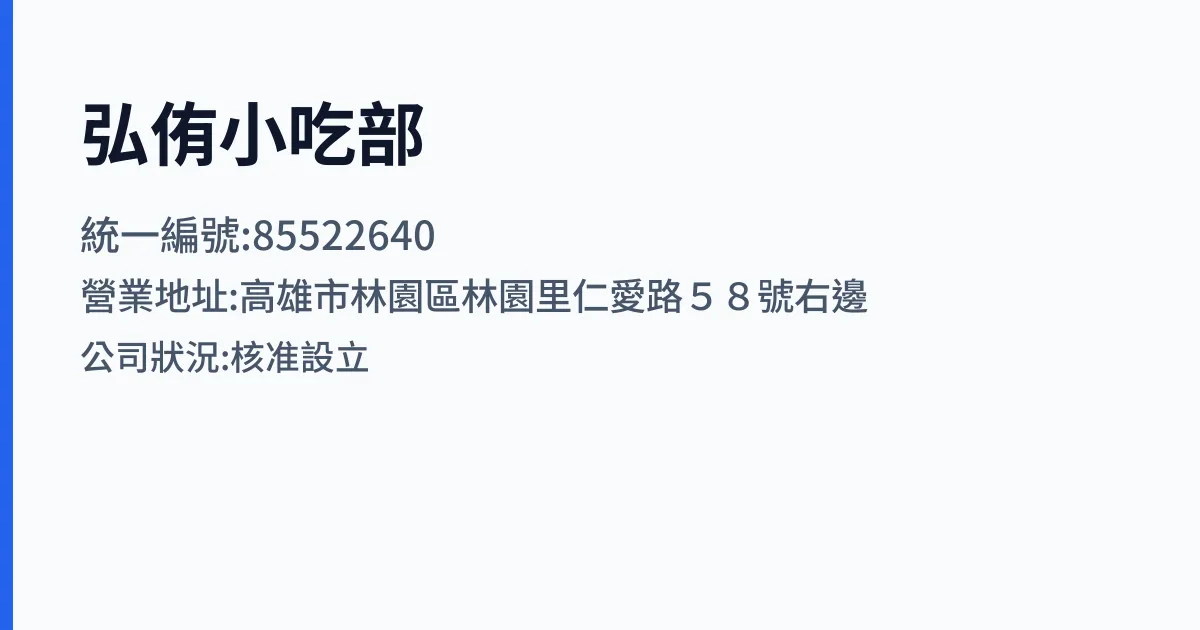 弘侑小吃部 - 統編 85522640(高雄市) 公司登記資料與營業項目詳細圖表