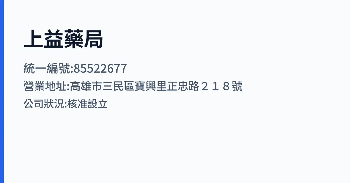 上益藥局 - 統編 85522677(高雄市) 公司登記資料與營業項目詳細圖表