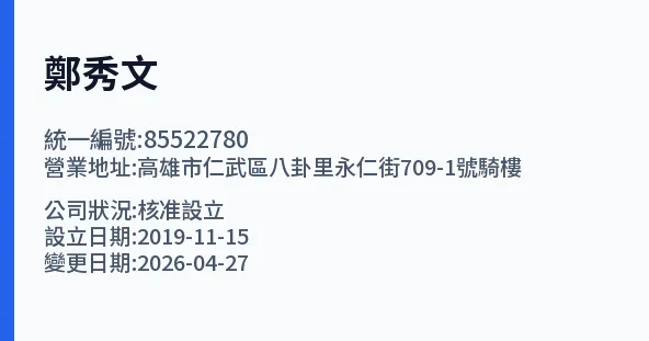 鄭秀文的照片-統編 85522780(高雄市) 公司登記資料與營業項目詳細圖表