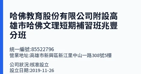 哈佛教育股份有限公司附設高雄市哈佛文理短期補習班兆豐分班的照片-統編 85522796(高雄市) 公司登記資料與營業項目詳細圖表