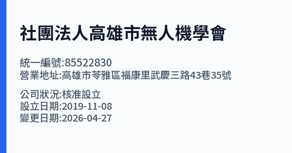 社團法人高雄市無人機學會的照片-統編 85522830(高雄市) 公司登記資料與營業項目詳細圖表