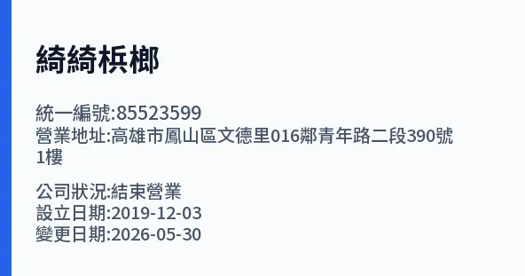 綺綺梹榔的照片-統編 85523599(高雄市) 公司登記資料與營業項目詳細圖表