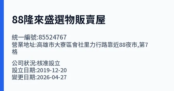88隆來盛選物販賣屋的照片-統編 85524767(高雄市) 公司登記資料與營業項目詳細圖表