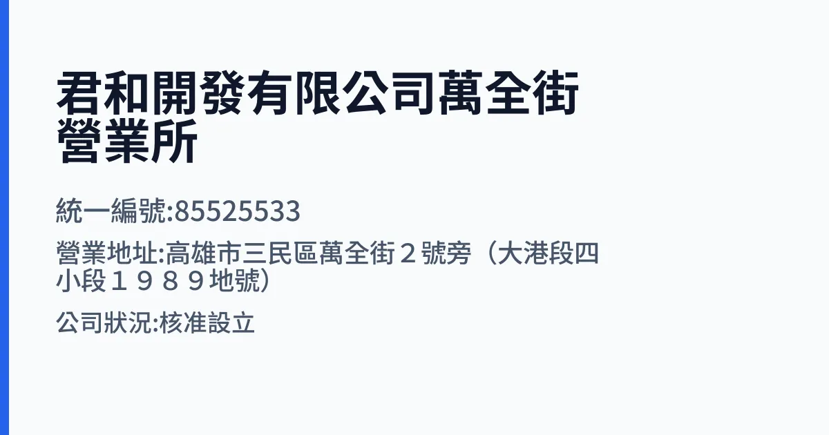 君和開發有限公司萬全街營業所 - 統編 85525533(高雄市) 公司登記資料與營業項目詳細圖表