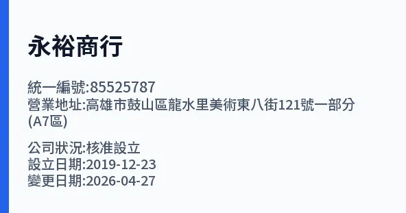 永裕商行的照片-統編 85525787(高雄市) 公司登記資料與營業項目詳細圖表