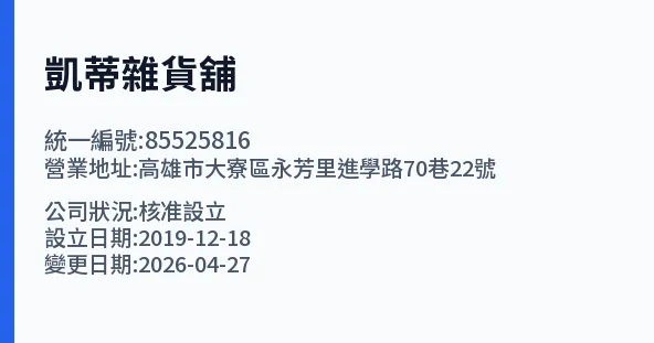 凱蒂雜貨舖的照片-統編 85525816(高雄市) 公司登記資料與營業項目詳細圖表